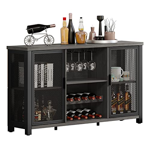 YITAHOME Industrial Sideboard Buffet Cabinet w/Wine Rack, Glass Cups Holder, Rustic Wine Cabinet Bar Cabinet Mesh Door for Liquor and Glasses, Liquor Cabinet Bar for Home (55 Inch, Dark Oak)