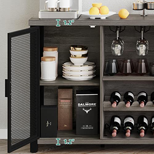 YITAHOME Industrial Sideboard Buffet Cabinet w/Wine Rack, Glass Cups Holder, Rustic Wine Cabinet Bar Cabinet Mesh Door for Liquor and Glasses, Liquor Cabinet Bar for Home (55 Inch, Dark Oak)