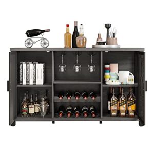 YITAHOME Industrial Sideboard Buffet Cabinet w/Wine Rack, Glass Cups Holder, Rustic Wine Cabinet Bar Cabinet Mesh Door for Liquor and Glasses, Liquor Cabinet Bar for Home (55 Inch, Dark Oak)