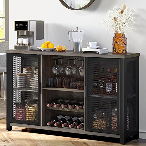 YITAHOME Industrial Sideboard Buffet Cabinet w/Wine Rack, Glass Cups Holder, Rustic Wine Cabinet Bar Cabinet Mesh Door for Liquor and Glasses, Liquor Cabinet Bar for Home (55 Inch, Dark Oak)