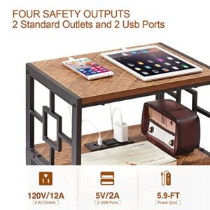 MNEETRUNG End Table with Charging Station, Industrial Side Table with USB Ports and Outlets, Bedside Tables with Door, 3-Tier Nightstand for Small Spaces, Sturdy, for Living Room, Bedroom, Brown