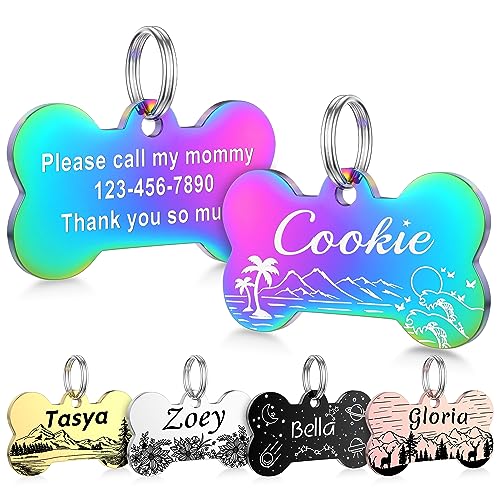 GISUERY Dog Tags Stainless Steel Pet Tags Personalized Double-Sided Engraved Dog and Cat Tags Custom Pet Name ID Tag, Various Design Options (Bone)