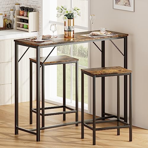 AEPOALUA Dining Table Set, 47.2” Rectangular Bar Table and Chairs Set, 3 Piece Kitchen Breakfast Table with 2 Stools, Pub Table and Chairs Set of 2 for Dining Room, Living Room, Rustic Brown/Black