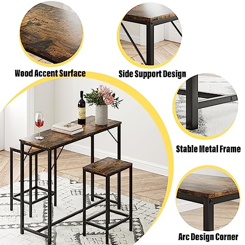 AEPOALUA Dining Table Set, 47.2” Rectangular Bar Table and Chairs Set, 3 Piece Kitchen Breakfast Table with 2 Stools, Pub Table and Chairs Set of 2 for Dining Room, Living Room, Rustic Brown/Black