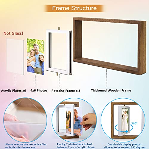 ZEEYUAN 4x6 Rotating Photo Frame Rustic 4x6 Wooden Picture Frames, Double Side-Display 6 Photos, Floating Photo Frame 4x6 Family Frame for Tabletop Display