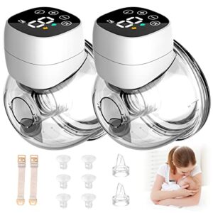 akaho wearable breast pump, low-noise and painless hands free electric breast pump with 3 mode & 9 levels, 24mm default and come with 6 flanges (white-double)