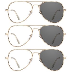 iboann blue light blocking glasses w/photochromic lens 3 pack round fashion retro metal gold frame eyewear-anti 99.9% uv rays