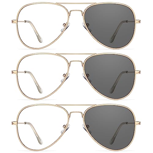 IBOANN Blue Light Blocking Glasses W/Photochromic Lens 3 Pack Round Fashion Retro Metal Gold Frame Eyewear-Anti 99.9% UV rays