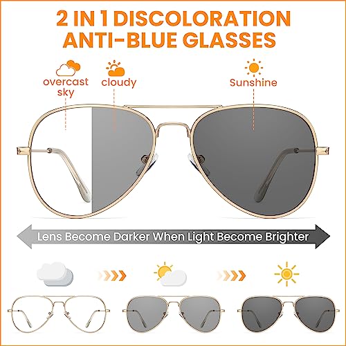 IBOANN Blue Light Blocking Glasses W/Photochromic Lens 3 Pack Round Fashion Retro Metal Gold Frame Eyewear-Anti 99.9% UV rays