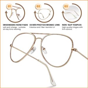 IBOANN Blue Light Blocking Glasses W/Photochromic Lens 3 Pack Round Fashion Retro Metal Gold Frame Eyewear-Anti 99.9% UV rays