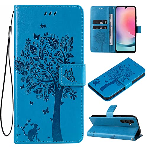 PAOBIR Phone Case for Samsung Galaxy A24 5G,Wallet Case,Flip Case PU Leather Emboss Tree Cat Flowers Folio Magnetic Kickstand Cover Card Slots for Samsung Galaxy A24 5G Blue