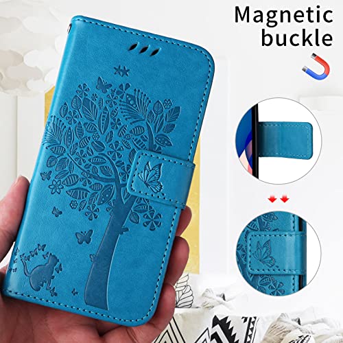 PAOBIR Phone Case for Samsung Galaxy A24 5G,Wallet Case,Flip Case PU Leather Emboss Tree Cat Flowers Folio Magnetic Kickstand Cover Card Slots for Samsung Galaxy A24 5G Blue