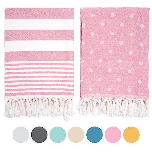 Plauthus Turkish Beach Towel 2 Pack-39” x 71”-Oversized & Sand Proof & Quick Dry & Compact-Extra Lager Cotton Beach Towels for Adults on Beach, Bath, Pool, Travel, Yoga, Camping- Pink