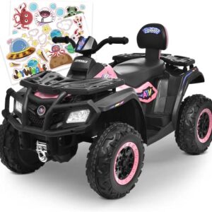 Joywhale 12V 2 Seater Kids Ride on ATV Car Battery Powered Electric Quad for Kids Ages 3-8, with DIY Sticker, 7AH Battery, Metal Suspension, Bright Headlights, Music, FM, Rear Pedal & Backrest, Pink