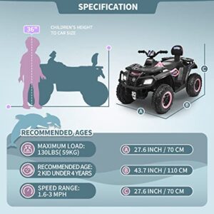 Joywhale 12V 2 Seater Kids Ride on ATV Car Battery Powered Electric Quad for Kids Ages 3-8, with DIY Sticker, 7AH Battery, Metal Suspension, Bright Headlights, Music, FM, Rear Pedal & Backrest, Pink