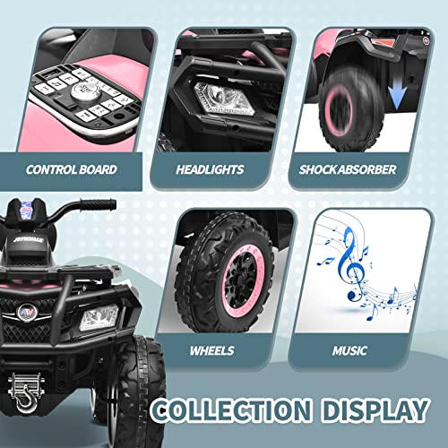 Joywhale 12V 2 Seater Kids Ride on ATV Car Battery Powered Electric Quad for Kids Ages 3-8, with DIY Sticker, 7AH Battery, Metal Suspension, Bright Headlights, Music, FM, Rear Pedal & Backrest, Pink