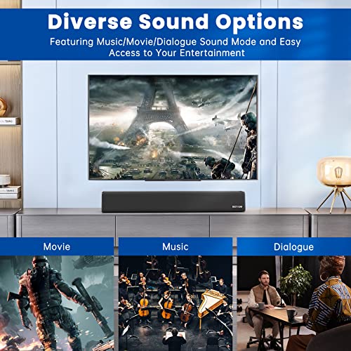 BESTISAN Sound Bars for TV, PC, Gaming, Monitor, 50 Watts Sound Bar with Bluetooth 5.0/HDMI ARC/Optical/Coaxial/AUX/USB Disk Connections, 3 Audio Modes, Bass Adjustable, 16 Inch, Wall Mountable