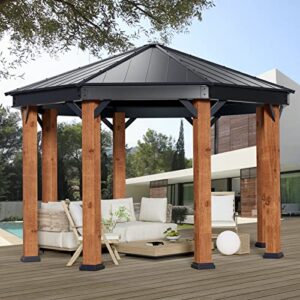 erommy 15' x 15' hardtop gazebo, outdoor wood looking aluminum octagon wood grain gazebos with galvanized steel roof for patio, backyard, deck and lawns