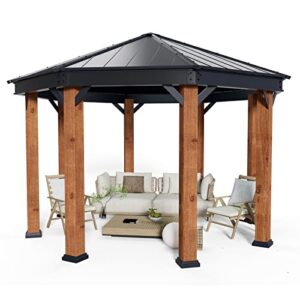 EROMMY 15' x 15' Hardtop Gazebo, Outdoor Wood Looking Aluminum Octagon Wood Grain Gazebos with Galvanized Steel Roof for Patio, Backyard, Deck and Lawns