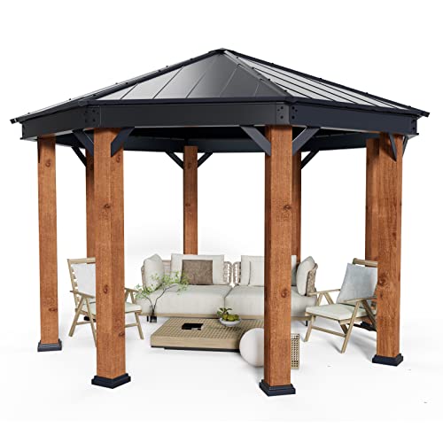 EROMMY 15' x 15' Hardtop Gazebo, Outdoor Wood Looking Aluminum Octagon Wood Grain Gazebos with Galvanized Steel Roof for Patio, Backyard, Deck and Lawns