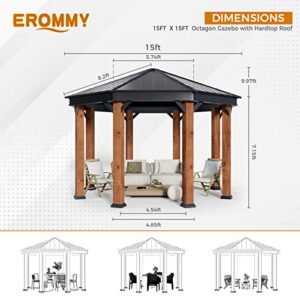 EROMMY 15' x 15' Hardtop Gazebo, Outdoor Wood Looking Aluminum Octagon Wood Grain Gazebos with Galvanized Steel Roof for Patio, Backyard, Deck and Lawns