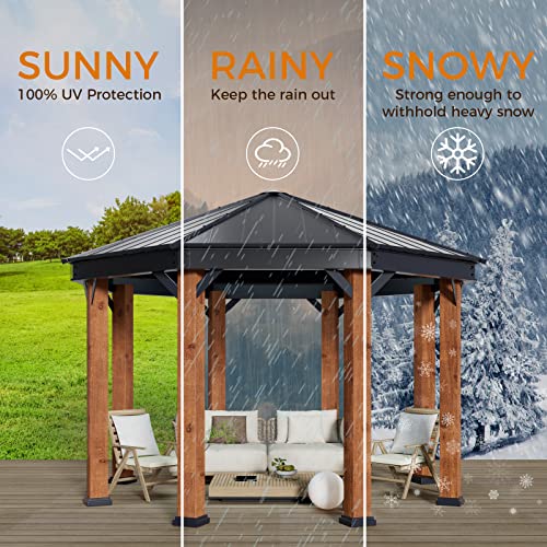 EROMMY 15' x 15' Hardtop Gazebo, Outdoor Wood Looking Aluminum Octagon Wood Grain Gazebos with Galvanized Steel Roof for Patio, Backyard, Deck and Lawns