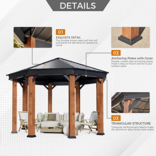 EROMMY 15' x 15' Hardtop Gazebo, Outdoor Wood Looking Aluminum Octagon Wood Grain Gazebos with Galvanized Steel Roof for Patio, Backyard, Deck and Lawns