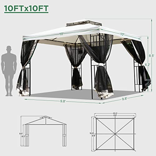 Gazebo Canopy, 10x10 Outdoor Gazebo Backyard Canopy Tent with Mosquito Netting and Double Roof for Party, Wedding, BBQ and Event