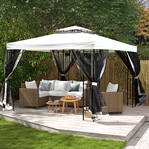 Gazebo Canopy, 10x10 Outdoor Gazebo Backyard Canopy Tent with Mosquito Netting and Double Roof for Party, Wedding, BBQ and Event