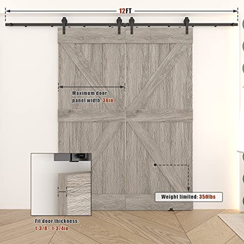 Dondelight 12FT Sliding Barn Door Hardware Track Kit for Double Door, Heavy Duty Modular Sliding Door Track Hardware Set for Interior & Exterior Door