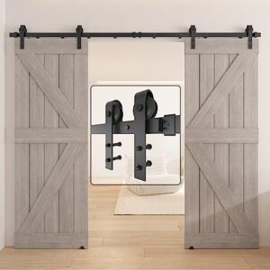 dondelight 10ft sliding barn door hardware track kit for double door, heavy duty modular sliding door track hardware set for interior & exterior door