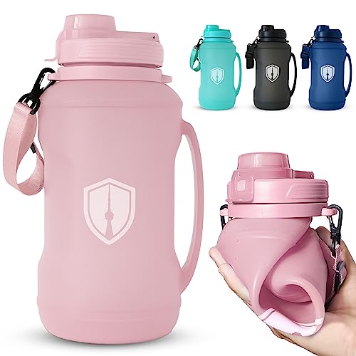 Collapsible Water Bottle for Traveling, Hiking 64 oz Gen 2.0 - Motivational Water Bottle with Time Markings - Half Gallon / 2 L Capacity - BPA Free & Dishwasher Safe (Fruity Pink)