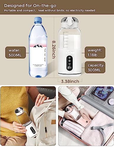 Portable Water Warmer for Baby Formula Travel, Wireless 9000mAh Battery Operated Portable Bottle Warmer, Precise & Adjustable Temperature, 10 Oz Detachable Glass Travel Bottle Warmer for Breastmilk