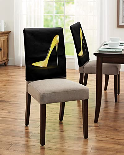 4 Pcs Dining Chair Slipcovers Golden Sexy High-Heeled Shoe,Removable Chair Back Covers Women Shining Heels on Dark Black Chair Protector for Home Kitchen Dining Room Holiday Party Decor