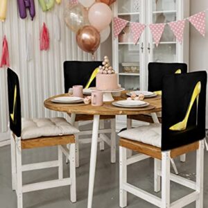 4 Pcs Dining Chair Slipcovers Golden Sexy High-Heeled Shoe,Removable Chair Back Covers Women Shining Heels on Dark Black Chair Protector for Home Kitchen Dining Room Holiday Party Decor