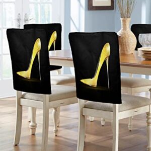 4 Pcs Dining Chair Slipcovers Golden Sexy High-Heeled Shoe,Removable Chair Back Covers Women Shining Heels on Dark Black Chair Protector for Home Kitchen Dining Room Holiday Party Decor