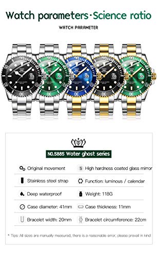 OLEVS Black Watches for Men Classic with Date Business Dress Luxury Large Face Green/Silver/Blue Waterproof Luminous Mens Wrist Watch Analog Two Tone Stainless Steel Reloj para Hombre