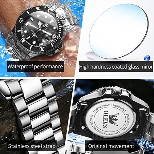 OLEVS Black Watches for Men Classic with Date Business Dress Luxury Large Face Green/Silver/Blue Waterproof Luminous Mens Wrist Watch Analog Two Tone Stainless Steel Reloj para Hombre