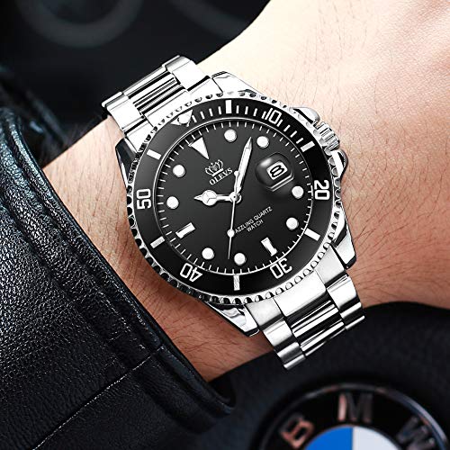 OLEVS Black Watches for Men Classic with Date Business Dress Luxury Large Face Green/Silver/Blue Waterproof Luminous Mens Wrist Watch Analog Two Tone Stainless Steel Reloj para Hombre