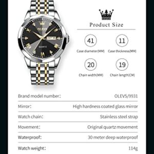 OLEVS Men Watches Business Dress Diamond Analog Quartz Date Luxury Wrist Watch Black Casual Stainless Steel Waterproof Luminous Two Tone Watch for Men