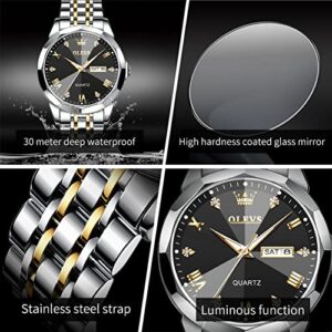 OLEVS Men Watches Business Dress Diamond Analog Quartz Date Luxury Wrist Watch Black Casual Stainless Steel Waterproof Luminous Two Tone Watch for Men