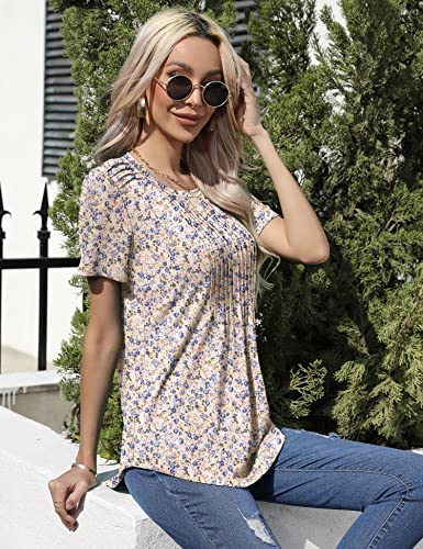 Widmile Womens Tunic Tops Crew Neck Short Sleeve Shirts Fashion Casual Pleated Pullover Blouses to Wear with Leggings Floral Pink,L