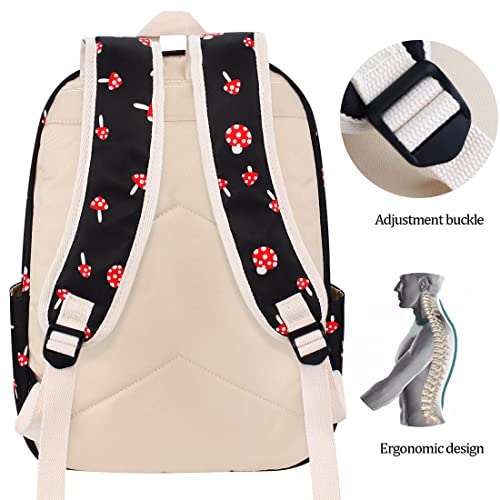 FEWOFJ Mushroom School Backpack for Teen Girls, Bookbag with Lunch Box and Pencil Case