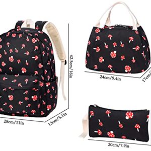 FEWOFJ Mushroom School Backpack for Teen Girls, Bookbag with Lunch Box and Pencil Case