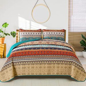 wongs bedding boho queen quilt set, green and brown bohemian queen quilt bedding set, lightweight microfiber bed decor bedspread for all season 96"x90"(3 pieces)