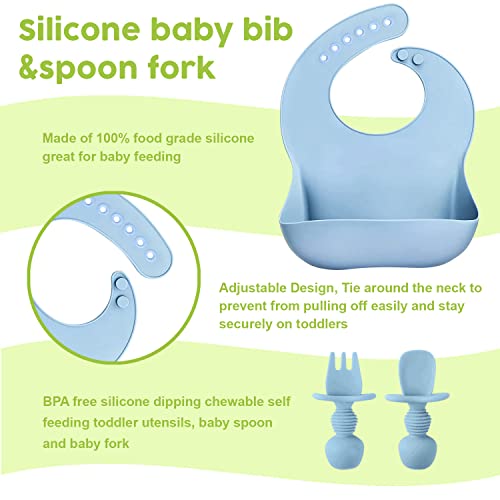 BAEDIMI Baby Led Weaning Supplies - Silicone Baby Feeding Set - Divided Plate, Suction Bowl, Bib, Self Feeding Spoon and Fork, Teethers Set - First Stage Solid Food Eating Utensils 6+ Months