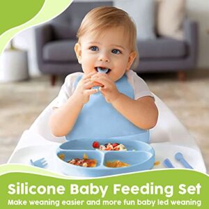 BAEDIMI Baby Led Weaning Supplies - Silicone Baby Feeding Set - Divided Plate, Suction Bowl, Bib, Self Feeding Spoon and Fork, Teethers Set - First Stage Solid Food Eating Utensils 6+ Months