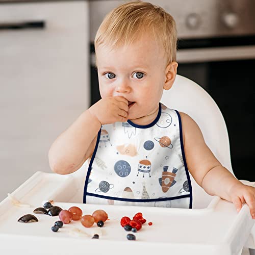 R HORSE 5Pcs Baby Bibs Set Toddler Bibs with Crumb Catcher Pocket & Snap Button Adjustable Outer Space Pattern Waterproof Baby Feeding Bibs for Baby Boys Girls 6-24 Months