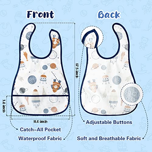 R HORSE 5Pcs Baby Bibs Set Toddler Bibs with Crumb Catcher Pocket & Snap Button Adjustable Outer Space Pattern Waterproof Baby Feeding Bibs for Baby Boys Girls 6-24 Months