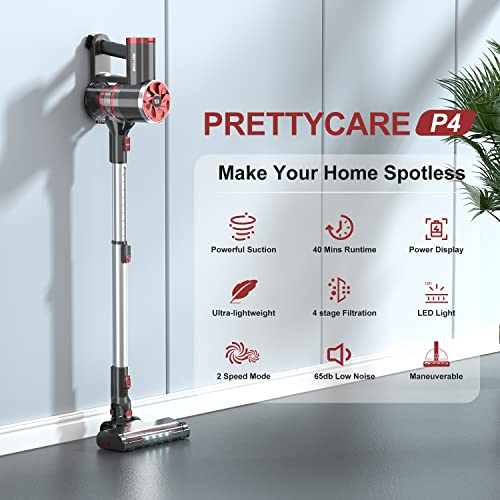 PRETTYCARE Cordless Vacuum Cleaner, Self-Standing, 25Kpa Powerful Suction Stick Vacuum with Smart LED Display, 40Min Long Runtime Brushless Motor, Lightweight Vacuum for Hardwood Floor Carpet Pet Hair